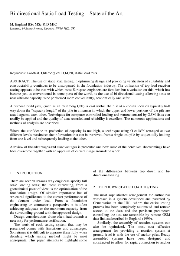(PDF) Bi-directional Static Load Testing – State of the Art