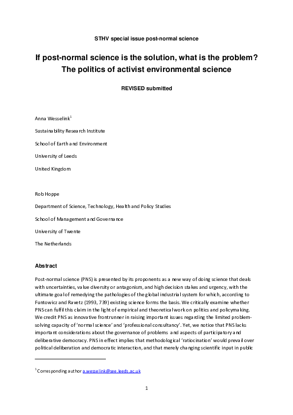 (DOC) If post normal science is the solution what is the problem ...