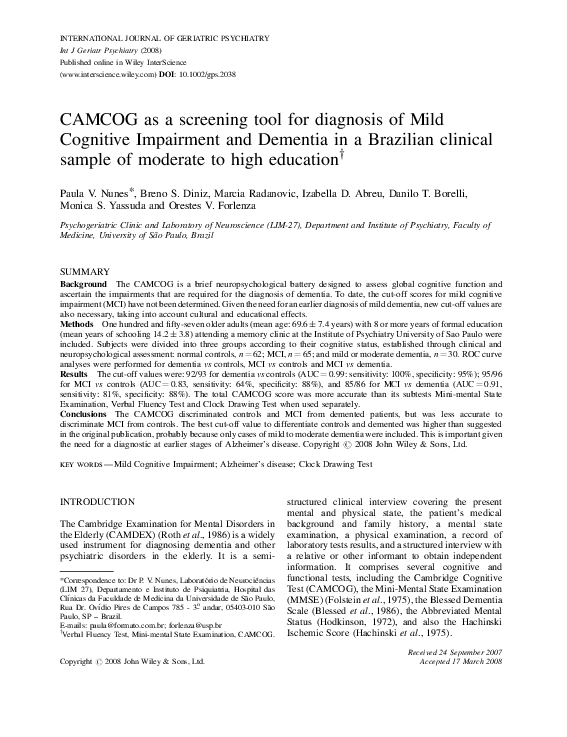 (PDF) Nunes 2008 CAMCOG as a screening tool for diagnosis of MCI and ...