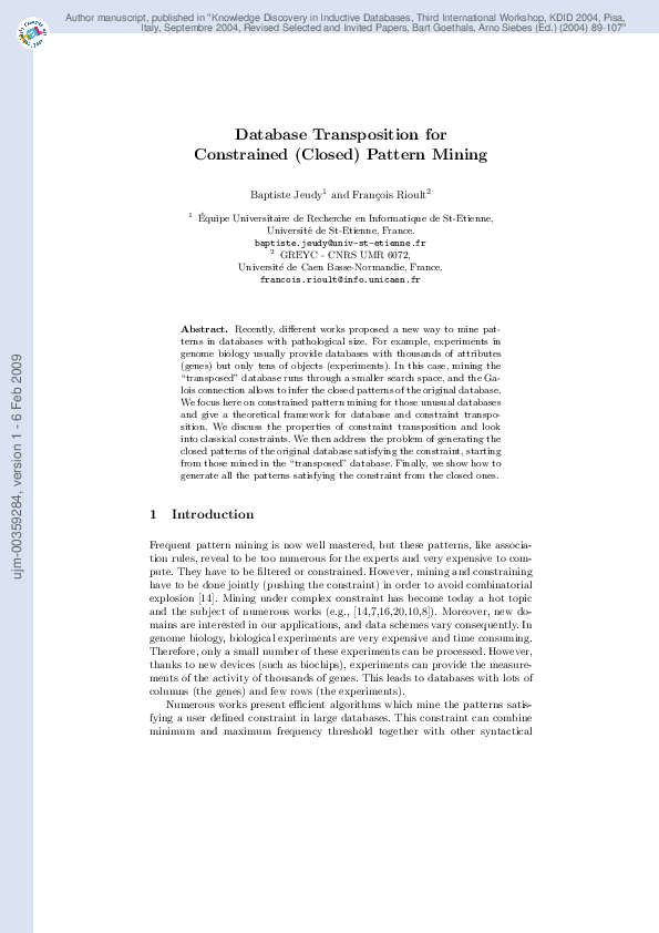 Pdf Database Transposition For Constrained Closed Pattern Mining