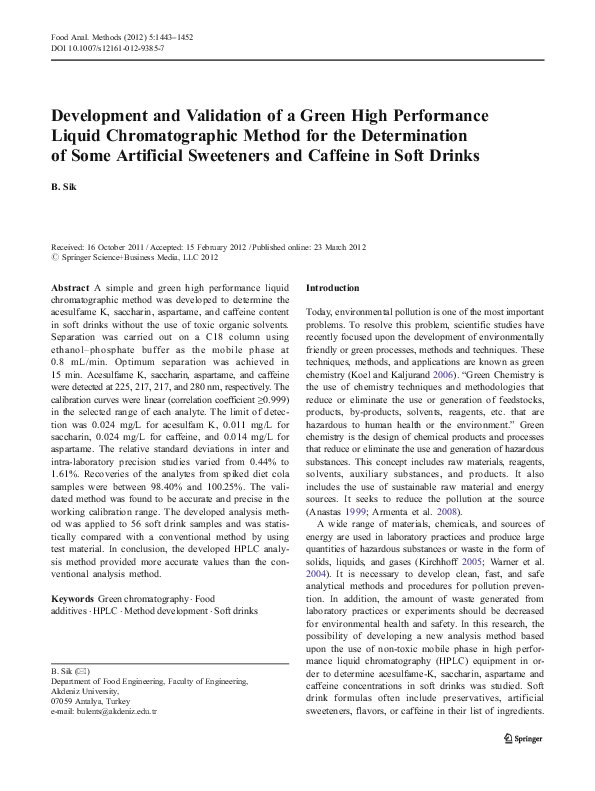 Pdf Development And Validation Of A Green High Performance Liquid Chromatographic Method For