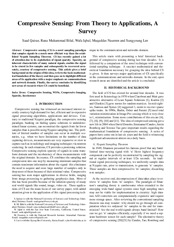 Pdf Compressive Sensing From Theory To Applications A Survey