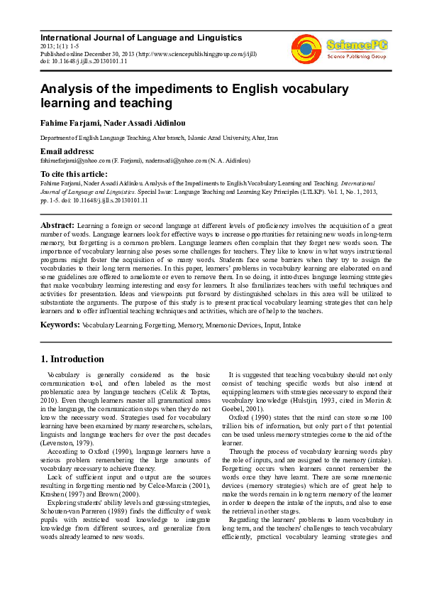 (PDF) Analysis of the impediments to English vocabulary learning and ...