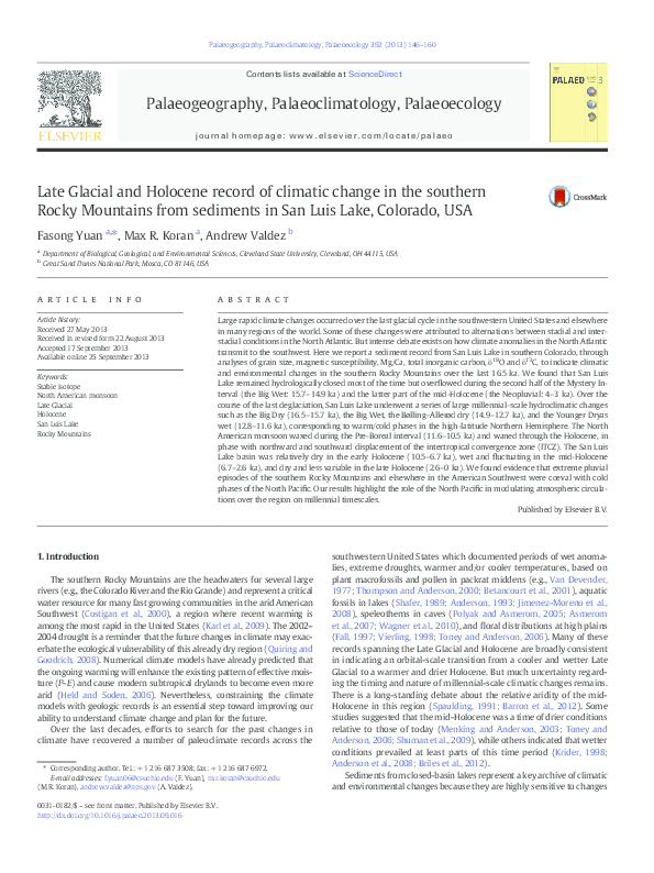 (PDF) Late Glacial and Holocene record of climatic change in the southern Rocky Mountains from ...