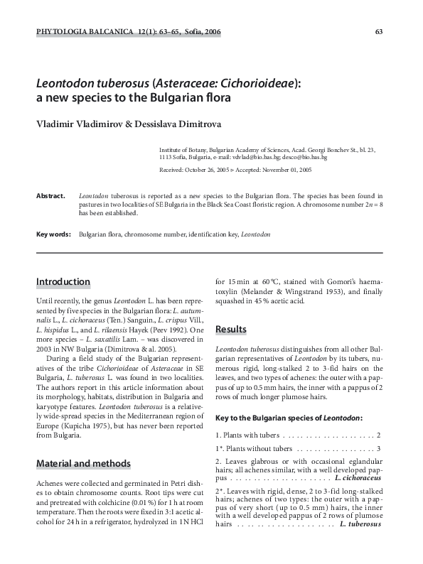(PDF) Leontodon tuberosus (Asteraceae: Cichorioideae): a new species to ...