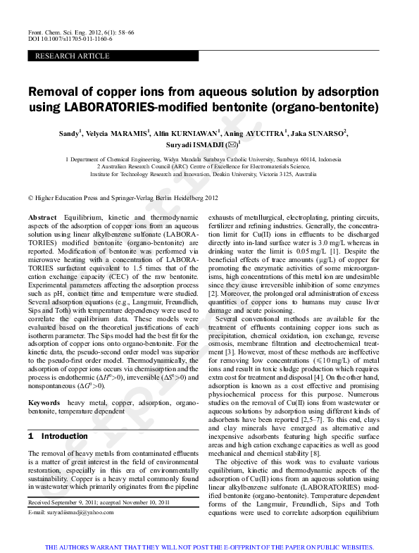 (PDF) Removal of copper ions from aqueous solution by adsorption using LABS-modified bentonite ...