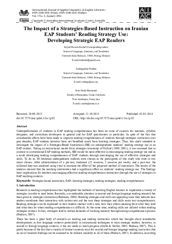(PDF) The Impact of a Strategies-Based Instruction on Iranian EAP Students' Reading Strategy Use ...