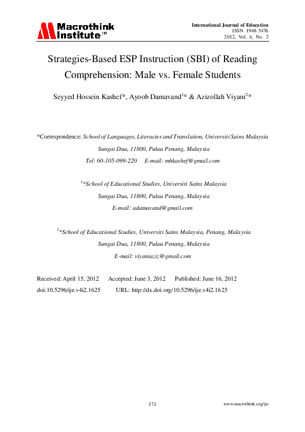 (PDF) Strategies-Based ESP Instruction (SBI) of Reading Comprehension: Male vs. Female Students