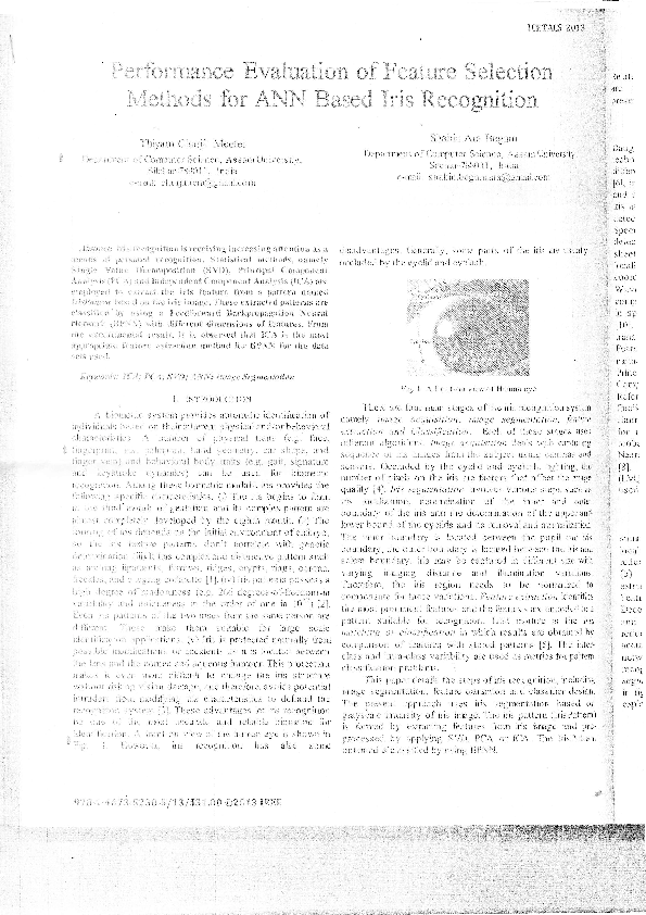 Pdf Performance Evaluation Of Feature Selection Methods For Ann Based Iris Recognition