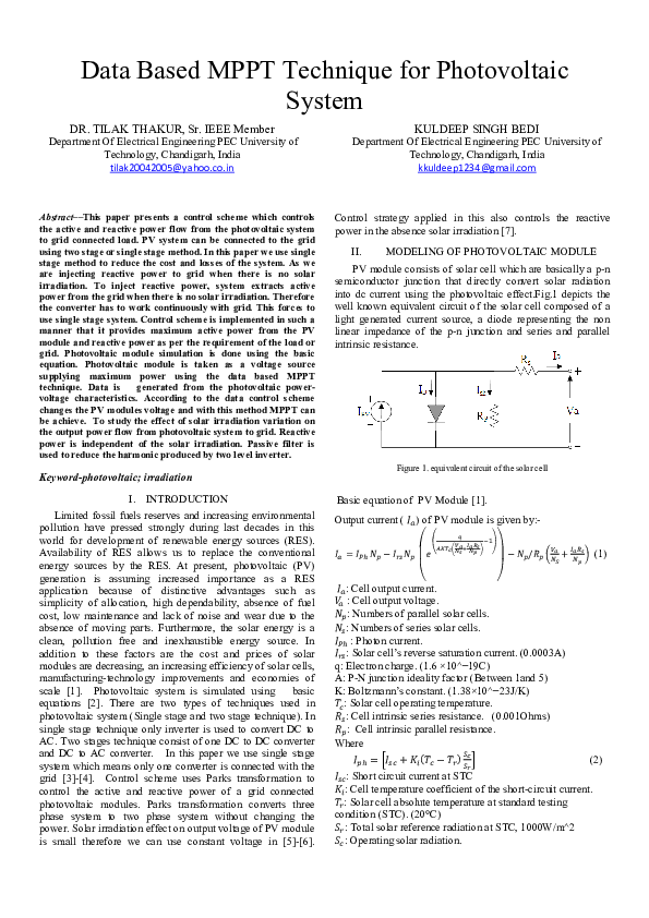 (PDF) Data Based MPPT Technique for Photovoltaic System