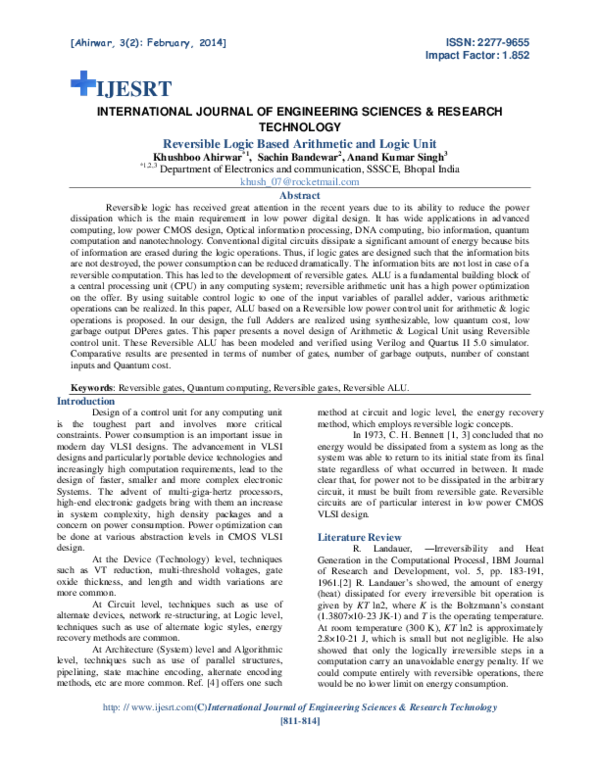 Pdf Reversible Logic Based Arithmetic And Logic Unit