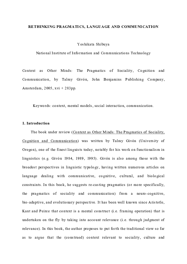 (PDF) Rethinking pragmatics, language and communication