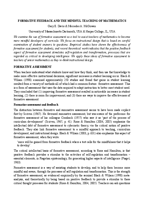 (PDF) FORMATIVE FEEDBACK AND THE MINDFUL TEACHING OF MATHEMATICS