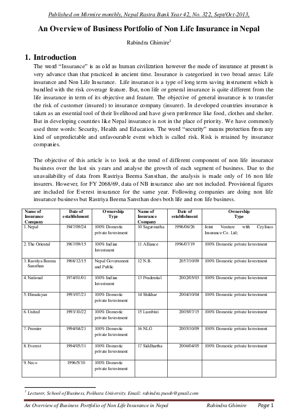 (PDF) An Overview of Business Portfolio of Non Life Insurance in Nepal ...