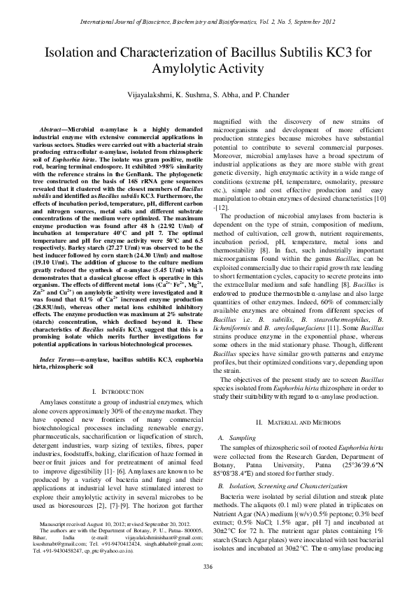 (PDF) Isolation and Characterization of Bacillus Subtilis KC3 for ...