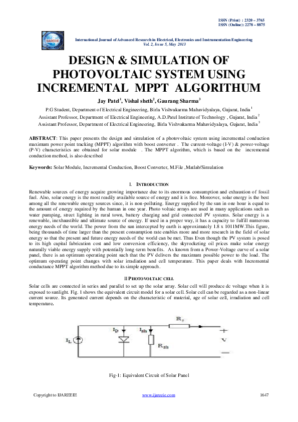Pdf Design And Simulation Of Photovoltaic System Using Incremental Mppt Algorithum