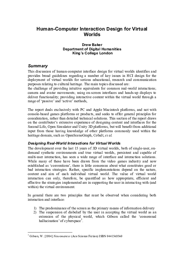 (PDF) Human-Computer Interaction Design for Virtual Worlds