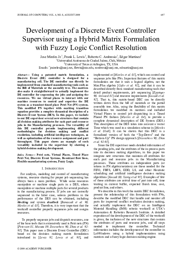 (PDF) Development of a Discrete Event Controller Supervisor using a Hybrid Matrix Formulation ...