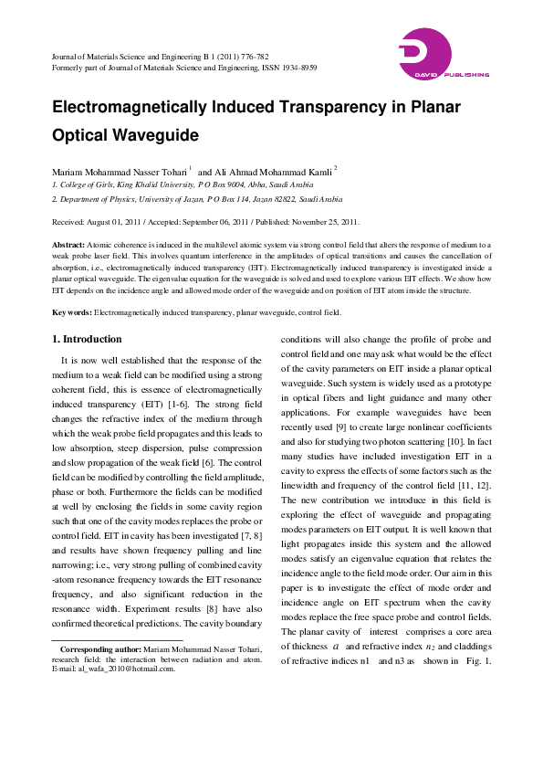 (PDF) Electromagnetically Induced Transparency in Planar Optical Waveguide