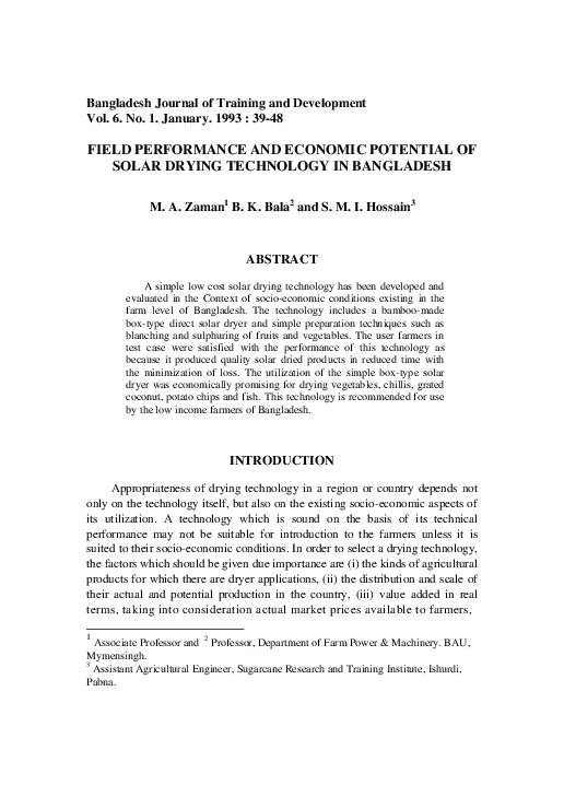 (PDF) FIELD PERFORMANCE AND ECONOMIC POTENTIAL OF SOLAR DRYING TECHNOLOGY IN BANGLADESH