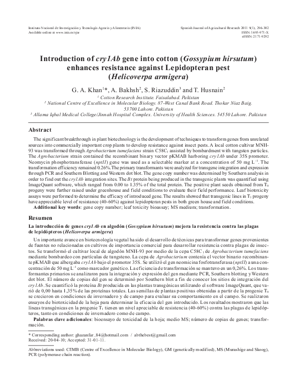 (PDF) Introduction of cry1Ab gene into cotton (Gossypium hirsutum ...