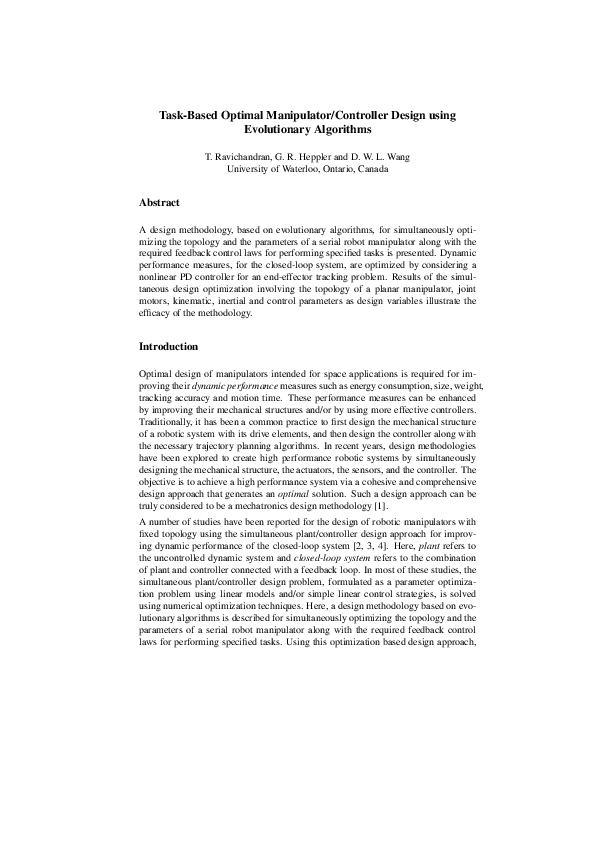 (PDF) Task-Based Optimal Manipulator/Controller Design using Evolutionary Algorithms