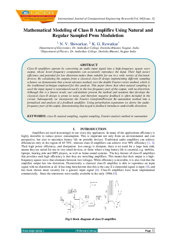 (PDF) Mathematical Modeling of Class B Amplifire Using Natural and Regular Sampled Pwm Moduletion