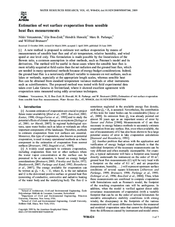 Pdf Estimation Of Wet Surface Evaporation From Sensible Heat Flux Measurements