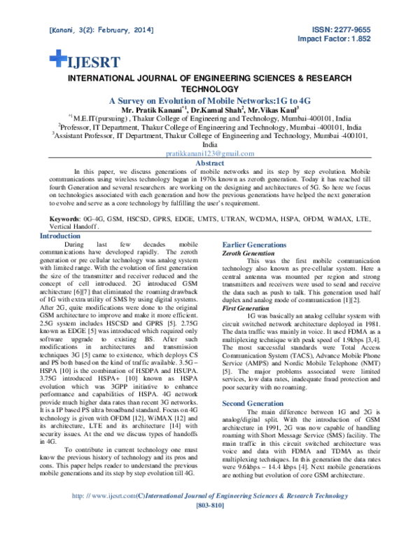 Pdf A Survey On Evolution Of Mobile Networks 1g To 4g