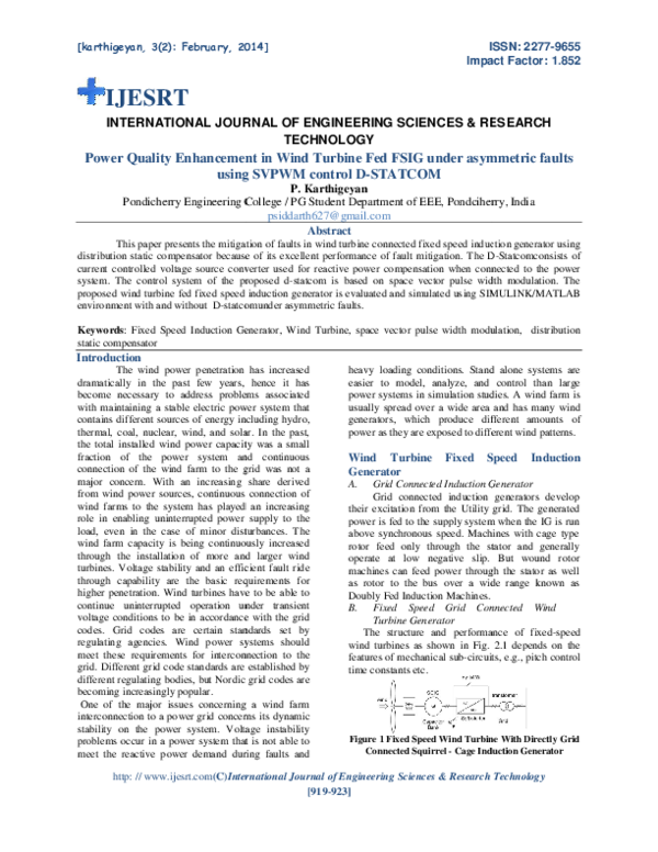 Pdf Power Quality Enhancement In Wind Turbine Fed Fsig Under Asymmetric Faults Using Svpwm
