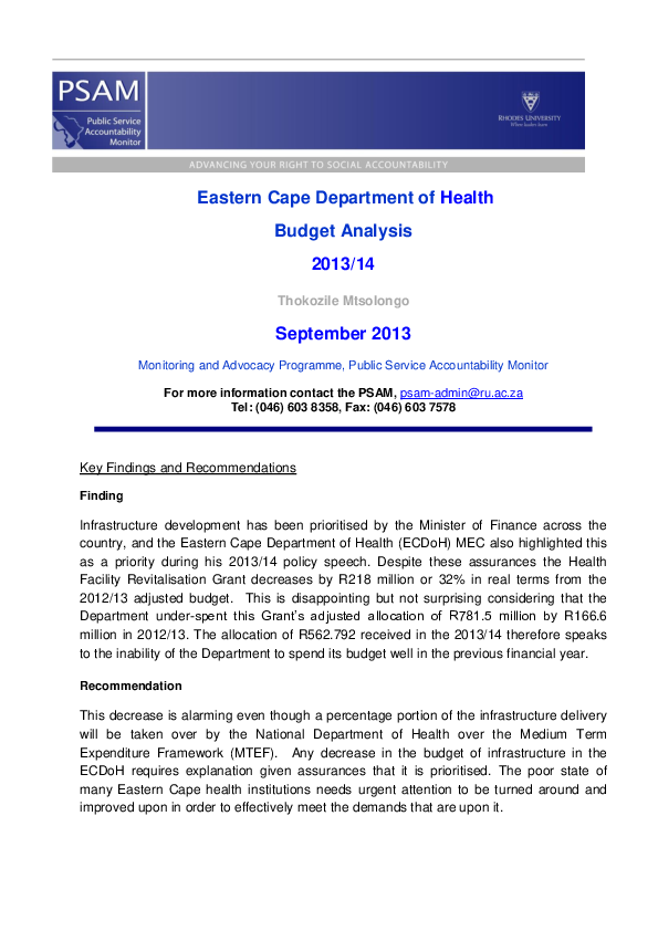 (PDF) EASTERN CAPE DEPARTMENT OF HEALTH BUDGET ANALYSIS