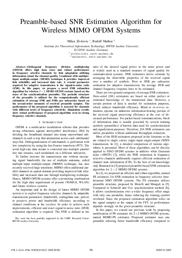 Pdf Preamble Based Snr Estimation Algorithm For Wireless Mimo Ofdm Systems