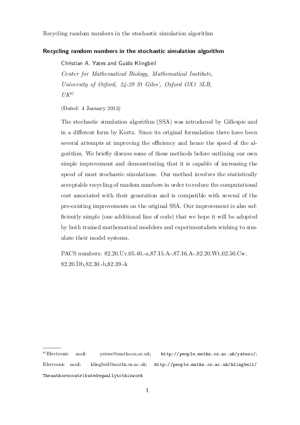 (PDF) Recycling random numbers in the stochastic simulation algorithm