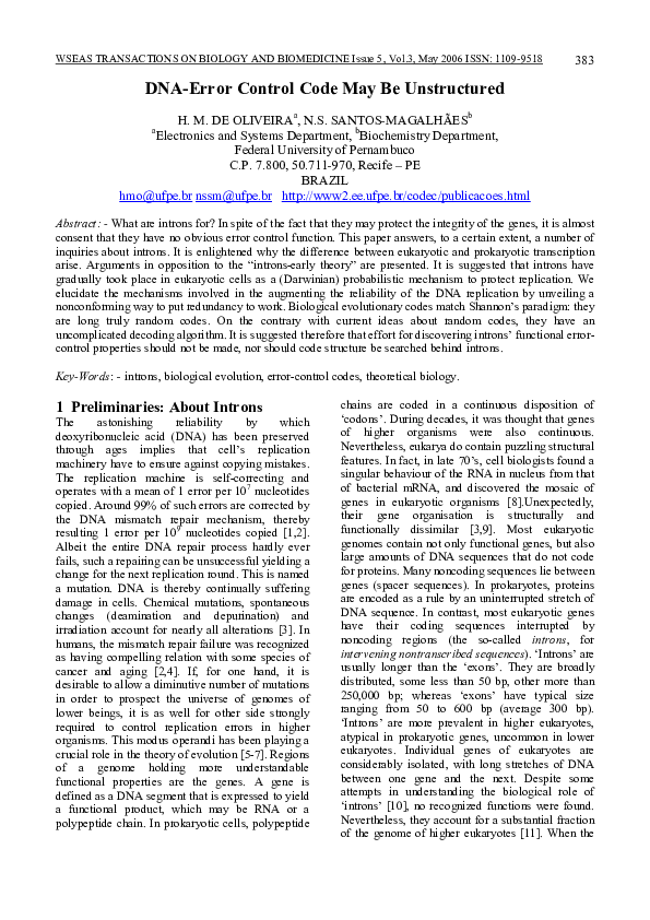 (PDF) DNA-Error Control Code May Be Unstructured