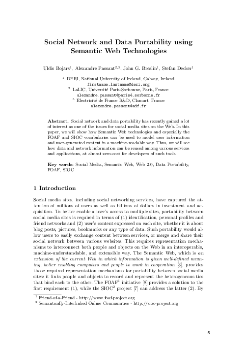 (PDF) Social Network and Data Portability using Semantic Web Technologies
