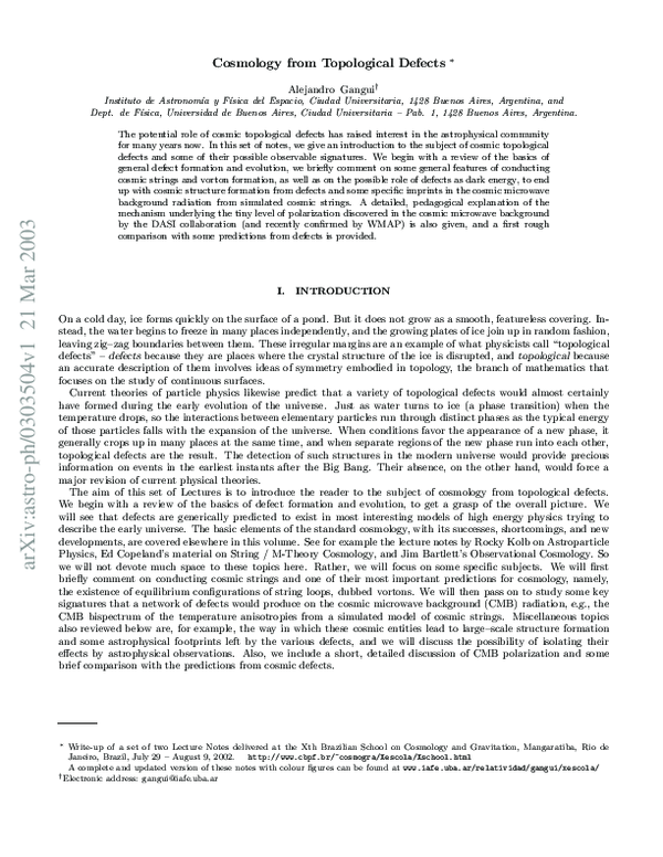 (PDF) Cosmology from Topological Defects