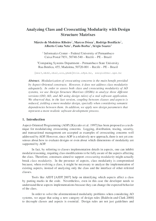 (PDF) Analyzing Class and Crosscutting Modularity with Design Structure Matrixes