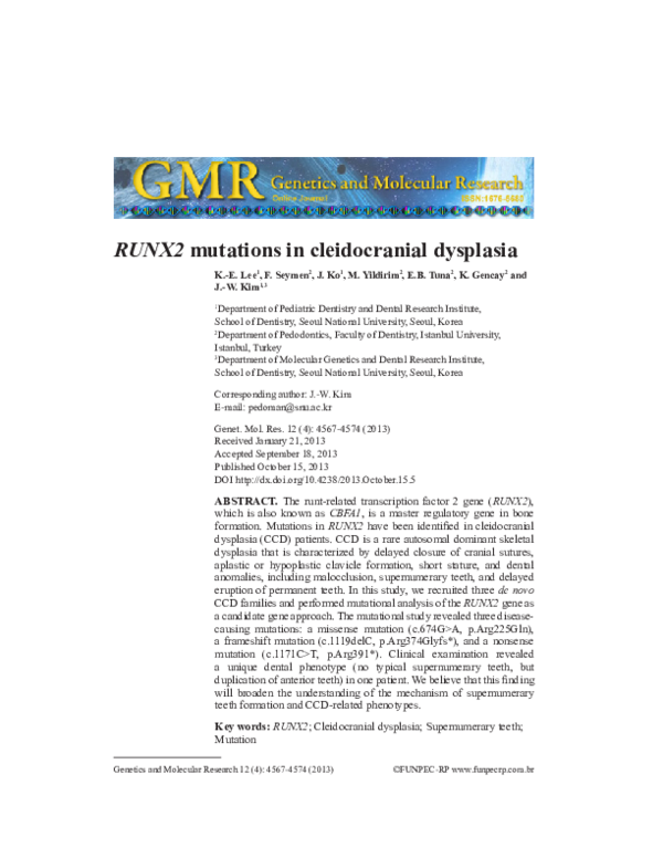 Pdf Runx2 Mutations In Cleidocranial Dysplasia