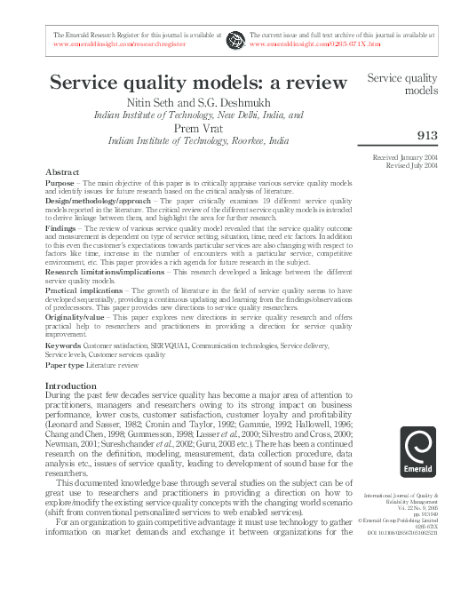 (PDF) Service quality models: a review