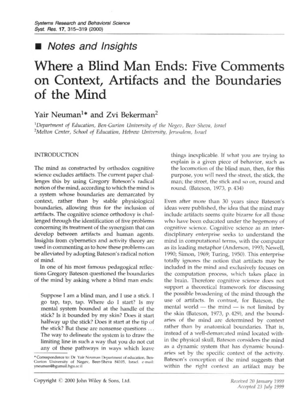 (PDF) Neuman, Y., & Bekerman, Z. (2000). Where a blind man ends: Five ...