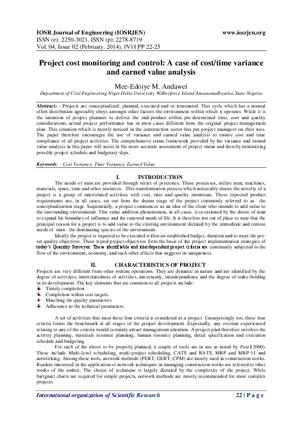 Pdf Project Cost Monitoring And Control A Case Of Cost Time Variance