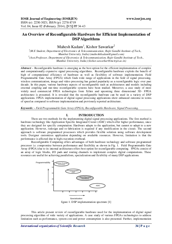 Pdf Iosr Journal Of Engineering Iosrjen An Overview Of Reconfigurable Hardware For Efficient