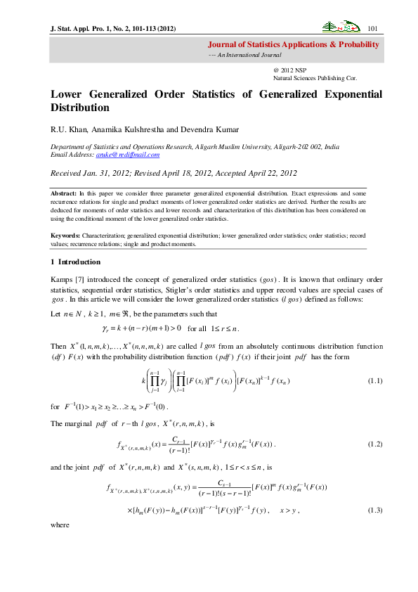 Pdf Lower Generalized Order Statistics Of Generalized Exponential Distribution