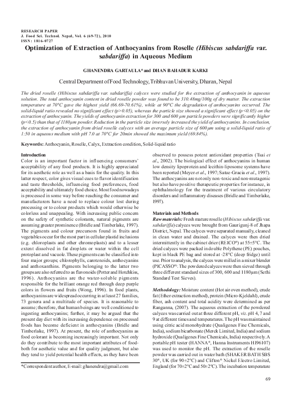 (PDF) Optimization of Extraction of Anthocyanins from Roselle (Hibiscus sabdariffa var ...
