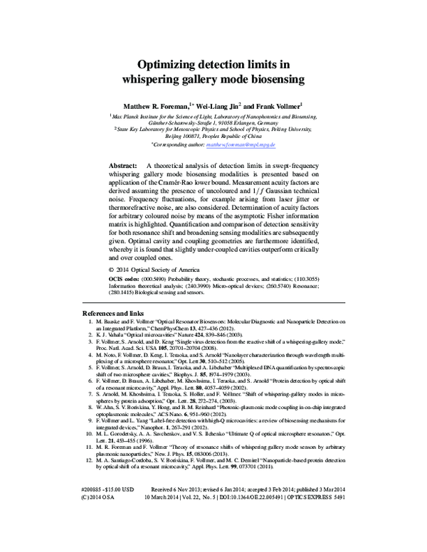 Pdf Optimizing Detection Limits In Whispering Gallery Mode Biosensing
