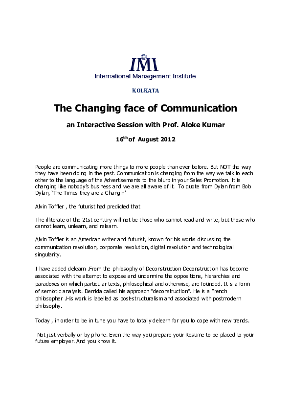 (DOC) The Changing face of Communication by Prof. Aloke Kumar