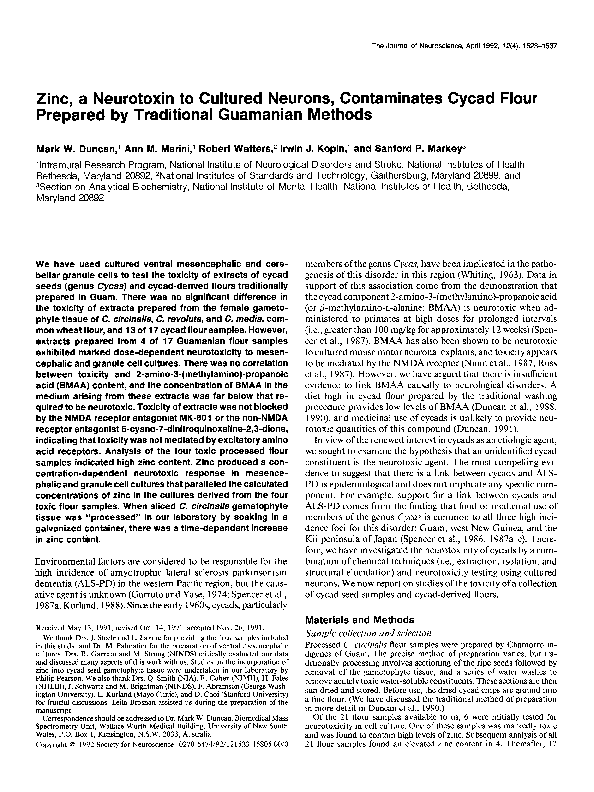 (PDF) Zinc, a Neurotoxin to Cultured Neurons, Contaminates Cycad Flour ...