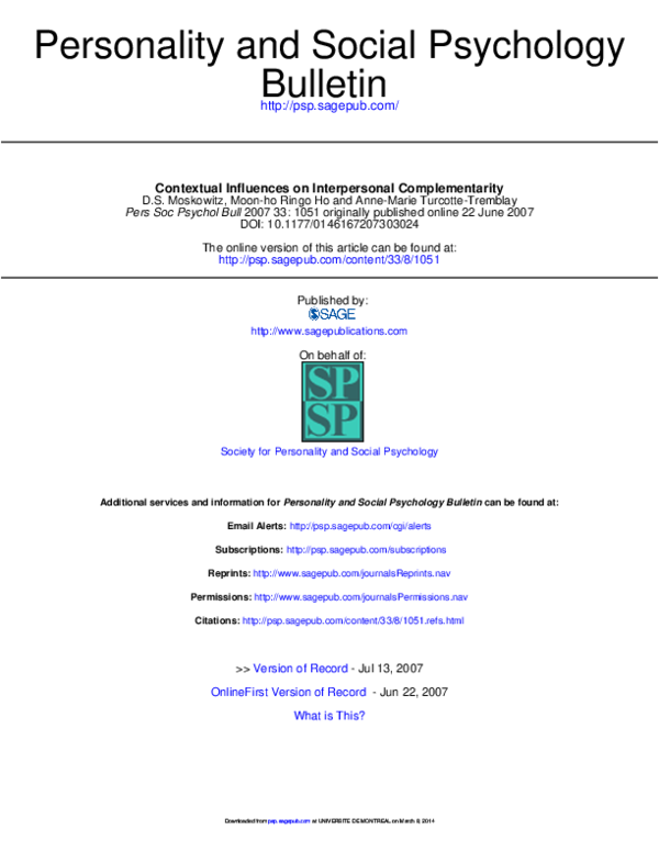 (PDF) Contextual influences on interpersonal complementarity