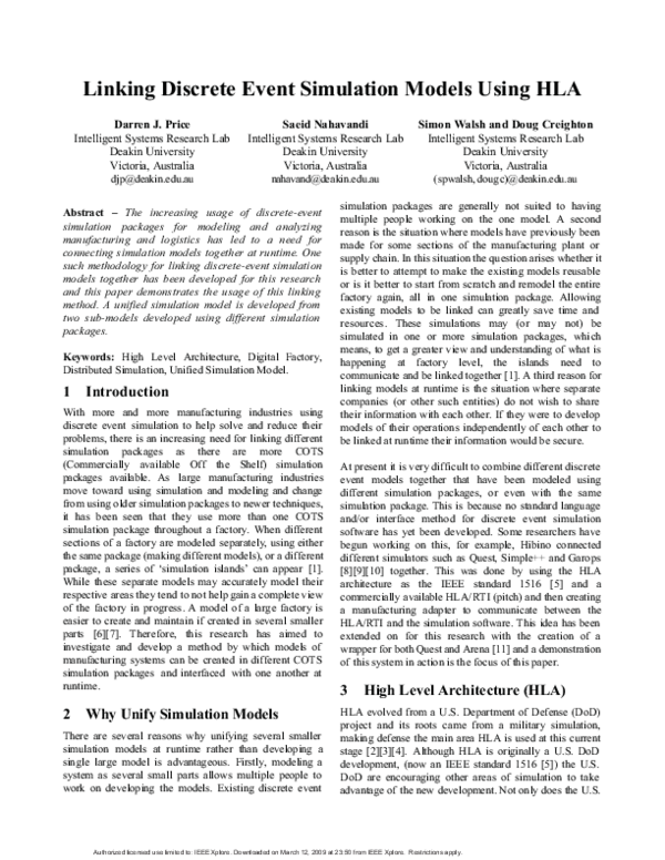 Pdf Linking Discrete Event Simulation Models Using Hla