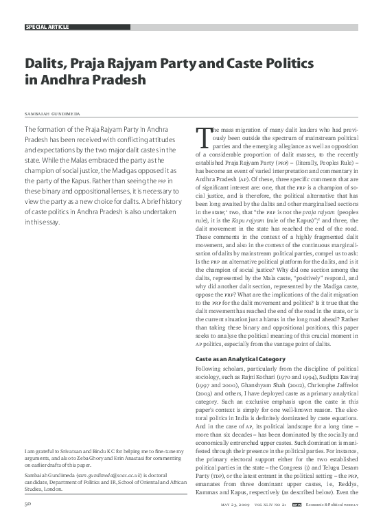 (PDF) Dalits, Praja Rajyam Party and Caste Politics in Andhra Pradesh